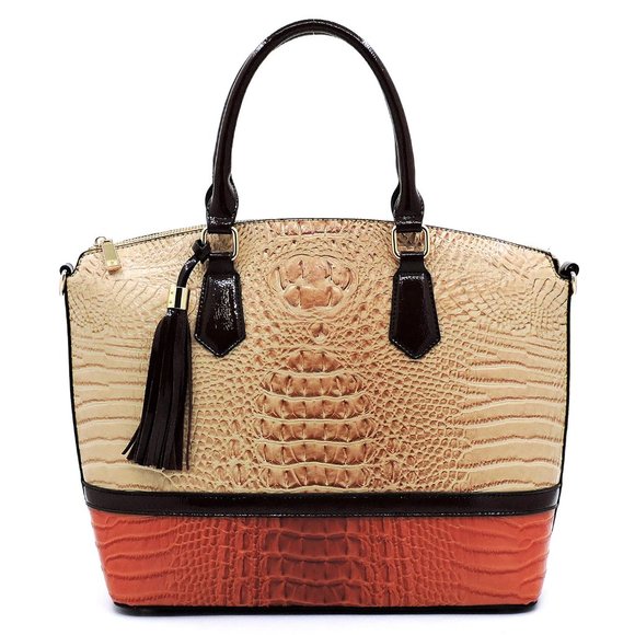 Bags | Croc Embossed Colorblock Handbag Beige And Orange | Poshmark